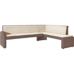 Eckbank exxpo - SOFA FASHION "Cortado, elegant und modern mit hohem Sitzkomfort" Sitzbänke Gr. B/H/T: 197cm x 89cm x 264cm, Kunstleder, langer Schenkel (Armlehne) links, braun (braun/creme) hohe Bodenfreiheit, schöne Detailverarbeitung, wahlweise Lederbezug