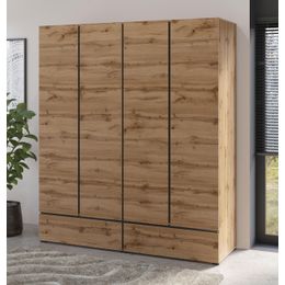 Drehtürenschrank Inosign "Cross, moderner griffloser Kleiderschrank" Schränke Gr. B/H/T: 180 cm x 210 cm x 59,5 cm, 4 St., Komplettausführung, braun (wotan eiche) Wäscheschrank mit Schublade, Garderobe, Türen