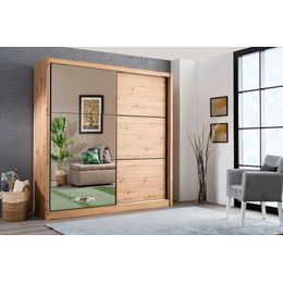 Schwebetürenschrank Inosign "Navara Kleiderschrank mit Spiegel Wäscheschrank Garderobe" Schränke Gr. B/H/T: 213,5 cm x 215,5 cm x 61 cm, 2 St., braun (dekor artisan eiche) mit großzügiger Innenausstattung, FSC-zertifiziert, in 3 Breiten