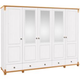 Kleiderschrank Home Affaire "Tessin" Schränke Gr. B/H/T: 245cm x 191cm x 59cm, 5-türig, 5 St., Komplettausführung, weiß (weiß/honig) Breite 245 cm, Kiefer massiv, mit Spiegel