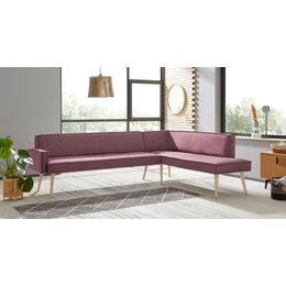 Eckbank exxpo - SOFA FASHION "Lungo, moderne Kedernaht, bequem und elegant, hoher Holzfuß" Sitzbänke Gr. B/H/T: 198 cm x 84 cm x 260 cm, Veloursstoff, langer Schenkel links, lila hochwertige Detailverarbeitung, frei im Raum stellbar