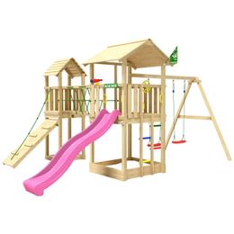 Spielturm Jungle Gym "Nova" Spieltürme pink (fuchsia) Kinder Spielanlage mit 2 Türmen, Schaukel und Rutsche Wasseranschluss