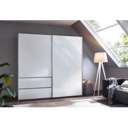 Schwebetürenschrank Rauch "Sevilla" Schränke Gr. B/H/T: 218 cm x 210 cm x 59 cm, 2 St., weiß (weiß, hochglanz weiß, griffleisten alufarbig) in 2 verschiedenen Grifffarben