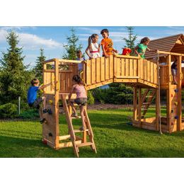 Spielturm Fungoo "FORTRESS TIPTOP Rainbow", braun, Spieltürme, KinderB:460cm H:305cm T:475cm, FSC-zertifizierter Massivholz, Metall, Polyethylen, mit Schaukel & Rutsche, Klettererweiterung, Sandkasten, B:460cm H:305cm T:475cm