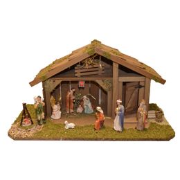 Krippe ALFRED KOLBE "Krippenstall mit Trafo" Weihnachtskrippen braun mit Laterne, Lagerfeuer,Korb, 10 cm Figuren 11tlg.