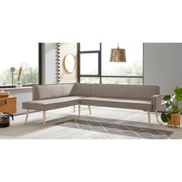 Eckbank exxpo - SOFA FASHION "Lungo, moderne Kedernaht, bequem und elegant, hoher Holzfuß" Sitzbänke Gr. B/H/T: 198 cm x 84 cm x 260 cm, Webstoff, langer Schenkel rechts, grau (melange) hochwertige Detailverarbeitung, frei im Raum stellbar