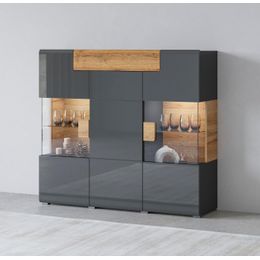 Highboard Inosign "Toledo,Breite 147,5cm,trendige Hochkommode mit 3Türen und Schublade" Sideboards schwarz (antrazit matt, antrazit hgl, alteiche) Hochschrank mit Glas-Partien,stylische Hochglanzfronten