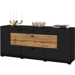 Sideboard Inosign "Coby" Sideboards Gr. B/H/T: 165cm x 70,5cm x 39cm, Korpus und Fronten schwarz glänzend/Absetzungen eichefarben wotan, 2 St., schwarz (schwarz/eichefarben wotan) Breite 165 cm