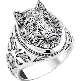 Siegelring Thomas Sabo "Wolf-Optik mit Steinen Silber, TR2452-643-21-54-68" Fingerringe Gr. 66, Silber 925 (Sterlingsilber), 5 mm, bunt (silberfarben, weiß, schwarz, schwarz) Damen mit Zirkonia (synth.)