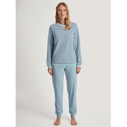 Pyjama Calida "Soft Dreams" Gr. XS (36/38), blau (sterling blau) Damen Homewear-Sets mit zartem Ringel-Design