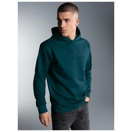 Kapuzensweatshirt TRIGEMA "TRIGEMA Kapuzenpullover mit großem 3D-Motiv" Gr. S, blau (saphir), Herren, 70% Baumwolle, 30% Polyester, Sweatshirts