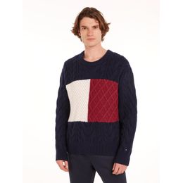 Rundhalspullover Tommy Hilfiger "CABLE FLAG SWEATER" Gr. L, blau (desert sky) Herren Pullover mit Colorblocking-Design vorne