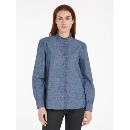 Shirtbluse Tommy Hilfiger "CHAMBRAY RUFFLE RELAXED SHIRT" Gr. 34, blau (mid blau chambray), Damen, Web, Obermaterial: 100% Baumwolle, unifarben, Blusen, mit Rüsche, Cahmbray Qualität