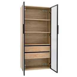 Odikalo Stauraumschrank Badezimmerschrank Strandvitrine Lichtleiste 73cm Schubladen 2 Glastür