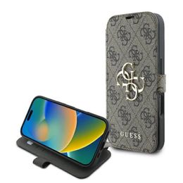 Guess Handyhülle Bookcase iPhone 16 Plus braun Logo goldfarben aufstellbar 6,7 Zoll, Kantenschutz