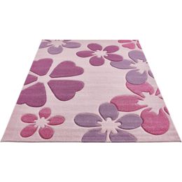 Kinderteppich LUXOR living, B:60cm H:15mm L:115cm, pink, Kunstfaser, Teppiche, "Flair", Kurzflor, Blumen Design, Kinderzimmer