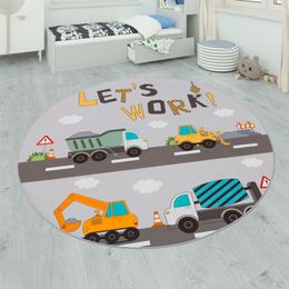Kinderteppich Paco Home, B:200cm H:4mm L:200cm &Oslash;:200cm, grau, Polyester, Teppiche, "Bino 578", Spielteppich, Motiv Autos & Baustelle, Kinderzimmer