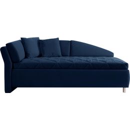 Schlafsofa Alina, B:223cm H:80cm T:102cm, blau, Samtstoff TSV (100% Polyester), Kinderzimmer, Sofas, Bettkasten, Zierkissen-Set aus: 2 Stk. 40x40cm,