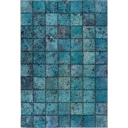 Fellteppich Calo-deluxe, B:160cm H:5mm L:230cm, blau, Kuhfell, Leder, Teppiche, "Rankel 205 Lederteppich", farbige Patchwork Unikate, echtes