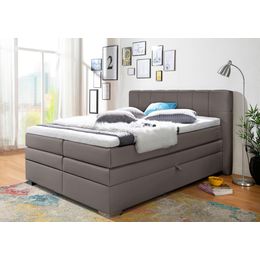 Boxspringbett Inosign, B:140cm L:210cm, grau, Kunstleder, Kunststoff, Massivholz, Komplettbetten, "Airdrie", inkl. Bettkasten und Topper