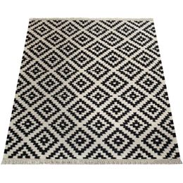 Wollteppich Paco Home, B:160cm H:12mm L:230cm, schwarz, Wolle, Teppiche, "Kenitra 500", Flachgewebe, reine Wolle, handgewebt, Rauten Design, mit
