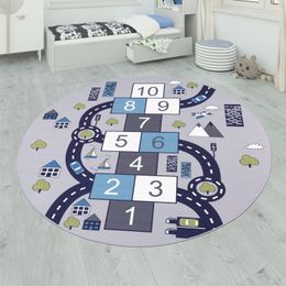 Kinderteppich Paco Home, H:4mm Ø:200cm, grau, Polyester, Teppiche, "Bino 565", Kurzflor, Straßen-Spiel-Teppich & Spielmotiv Hüpfkästchen