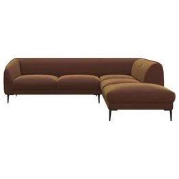 Ecksofa FLEXLUX "Belle Designsofa, L-Form, B/T 268/209 cm" Sofas Gr. B/H/T: 268cm x 74cm x 209cm, Velvet, lange Ottomane rechts, braun (cognac) Skandinavisches Design, In hochwertiger Verarbeitung