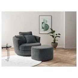 Drehsessel LEONIQUE "MAISIE, Love Seat XXL Lese-Sessel, Big-Sessel mit Hocker" Sessel Gr. Cord, B/H/T: 120 cm x 86 cm x 173 cm, grau (anthrazit) Set in MEGA CORD und Web-Velours, drehbar 360 Grad