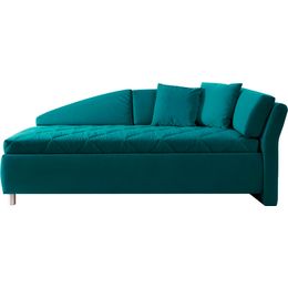 Schlafsofa Alina, B:223cm H:80cm T:102cm, blau, Samtstoff TSV (100% Polyester), Kinderzimmer, Sofas, Bettkasten, Zierkissen-Set aus: 2 Stk. 40x40cm,