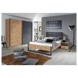 Bett Rauch "Tampa" Betten Gr. Liegefläche B/L: 140 cm x 200 cm Betthöhe: 43,9 cm, kein Härtegrad, ohne Matratze, braun (eichefarben artisan, lederoptik dunkelgrau, bettkufe grau metallic gepulvert) im modernen Industrial Style, Bettenkufe aus Metall