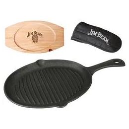 Grillpfanne JIM BEAM BBQ, schwarz (schwarz, natur), B:16,5cm H:2cm L:23cm, Pfannen, 4 Stk., inkl. Griffüberzug und Holzuntersetzer