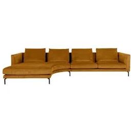 Ecksofa furninova "Megasofa und Polstertraum, Designmöbel mit erstklassigem Sitzkomfort" Sofas Gr. B/H/T: 371 cm x 80 cm x 177 cm, Velours, Recamiere links, ohne Bettfunktion, gelb (mustard) mit abgerundetem Longchair, im skandinavischen Design