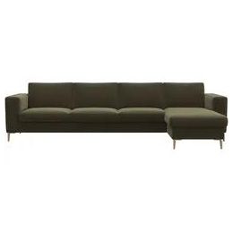 Ecksofa FLEXLUX "Fiore, super Sitzkomfort durch Kaltschaum im Sitz, L-Form" Sofas Gr. B/H/T: 295cm x 85cm x 159cm, Velvet, grün (moss green) breite Armlehnen, Füße Alu+ Eiche