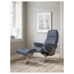 Relaxsessel stressless "Sunrise" Sessel Gr. Leder PALOMA, Cross Base Eiche, Relaxfunktion-Drehfunktion-PlusTMSystem-Gleitsystem-BalanceAdaptTM, B/H/T: 92cm x 105cm x 80cm, blau (sparrow blue paloma) mit Hocker, Cross Base, Größe S, M & L, Holzakzent Eiche