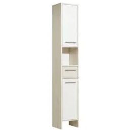 Hochschrank SAPHIR "Quickset 350 Badschrank 33 cm breit, 2 Türen, 1 Schublade, Nische" Schränke Gr. B/H/T: 33 cm x 195,5 cm x 28 cm, 2 St., beige (pinie ida hell, weiß glanz) Badezimmer-Hochschrank, Pinie Ida Griffe alufarbig