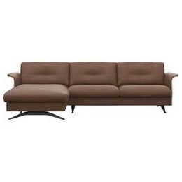 Ecksofa FLEXLUX "Glow, super bequem durch hochwertigem Sitzaufbau mit Federkern, L-Form" Sofas Gr. B/H/T: 273cm x 81cm x 158cm, Echtleder, Chaiselongue links, Armlehne Furnier: Walnuss, braun (old chestnut brown) Modernes skandinavisches Design