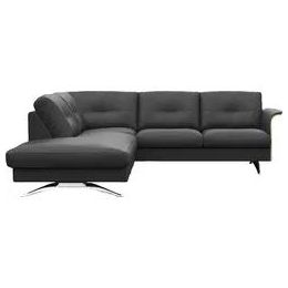 Ecksofa FLEXLUX "Glow, super bequem durch hochwertigem Sitzaufbau mit Federkern, L-Form" Sofas Gr. B/H/T: 236cm x 81cm x 224cm, Echtleder, Ottomane rechts, Armlehnen in Walnuss, schwarz (deep black) Modernes skandinavisches Design