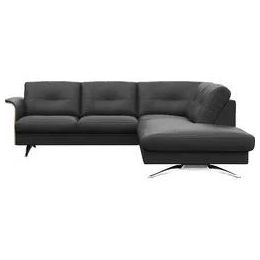 Ecksofa FLEXLUX "Glow, super bequem durch hochwertigem Sitzaufbau mit Federkern, L-Form" Sofas Gr. B/H/T: 236cm x 81cm x 224cm, Echtleder, Ottomane links, Armlehnen in Walnuss, schwarz (deep black) Modernes skandinavisches Design