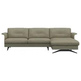 Ecksofa FLEXLUX "Glow, super bequem durch hochwertigem Sitzaufbau mit Federkern, L-Form" Sofas Gr. B/H/T: 273cm x 81cm x 158cm, Bouclé, Chaiselongue rechts, Armlehne Furnier: Walnuss, grün (fall green) Modernes skandinavisches Design