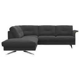 Ecksofa FLEXLUX "Glow, super bequem durch hochwertigem Sitzaufbau mit Federkern, L-Form" Sofas Gr. B/H/T: 236cm x 81cm x 224cm, Lederoptik, Ottomane rechts, Armlehnen in Walnuss, grau (shark grey) Modernes skandinavisches Design