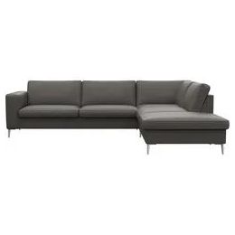 Ecksofa FLEXLUX "Fiore, super Sitzkomfort durch Kaltschaum im Sitz, L-Form" Sofas Gr. B/H/T: 273cm x 85cm x 225cm, Echtleder, Ottomane rechts, grau (warm mineral) breite Armlehnen, Füße Alu