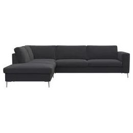 Ecksofa FLEXLUX "Fiore, super Sitzkomfort durch Kaltschaum im Sitz, L-Form" Sofas Gr. B/H/T: 273cm x 85cm x 225cm, Lederoptik, Ottomane links, schwarz (gorilla blac) breite Armlehnen, Füße Alu