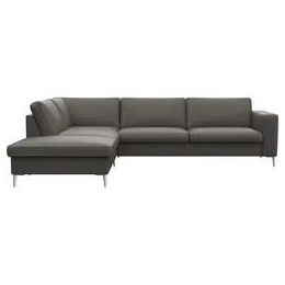 Ecksofa FLEXLUX "Fiore, super Sitzkomfort durch Kaltschaum im Sitz, L-Form" Sofas Gr. B/H/T: 273cm x 85cm x 225cm, Echtleder, Ottomane links, grau (warm mineral) breite Armlehnen, Füße Alu