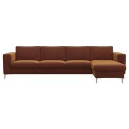 Ecksofa FLEXLUX "Fiore, super Sitzkomfort durch Kaltschaum im Sitz, L-Form" Sofas Gr. B/H/T: 295cm x 85cm x 159cm, Velvet, Chaiselongue rechts, braun (cognac) breite Armlehnen, Füße Alu