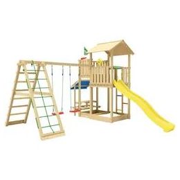 Spielturm Jungle Gym "Veranda" Spieltürme gelb Kinder Spielanlage mit Schaukel, Kletterbock und Rutsche Wasseranschluss