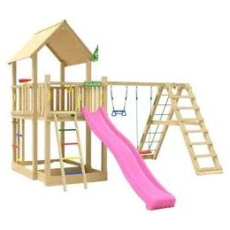 Spielturm Jungle Gym "Majesty" Spieltürme pink (fuchsia) Kinder Spielanlage mit Schaukel, Kletterbock und Rutsche Wasseranschluss