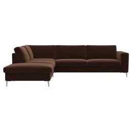 Ecksofa FLEXLUX "Fiore, super Sitzkomfort durch Kaltschaum im Sitz, L-Form" Sofas Gr. B/H/T: 273cm x 85cm x 225cm, Velvet, Ottomane links, braun (tobacco) breite Armlehnen, Füße Alu