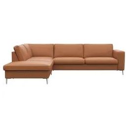 Ecksofa FLEXLUX "Fiore, super Sitzkomfort durch Kaltschaum im Sitz, L-Form" Sofas Gr. B/H/T: 273cm x 85cm x 225cm, Echtleder, Ottomane links, braun (modern cogna) breite Armlehnen, Füße Alu