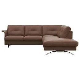 Ecksofa FLEXLUX "Glow, super bequem durch hochwertigem Sitzaufbau mit Federkern, L-Form" Sofas Gr. B/H/T: 236cm x 81cm x 224cm, Echtleder, Ottomane links, Armlehnen in geölter Eiche, braun (old chestnut brown) Modernes skandinavisches Design