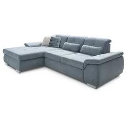 Ecksofa DIE PLANBAR "MP-IN16037 L-Form" Sofas Gr. B/H/T: 289cm x 85cm x 195cm, Material Bezug, Ottomane links, Bettkasten, Ausziehbettfunktion, Kopfteilverstellung und Sitztiefenverstellung, blau (ice) mit Sitztiefenverstellung & Zierkissen, Kaltschaum